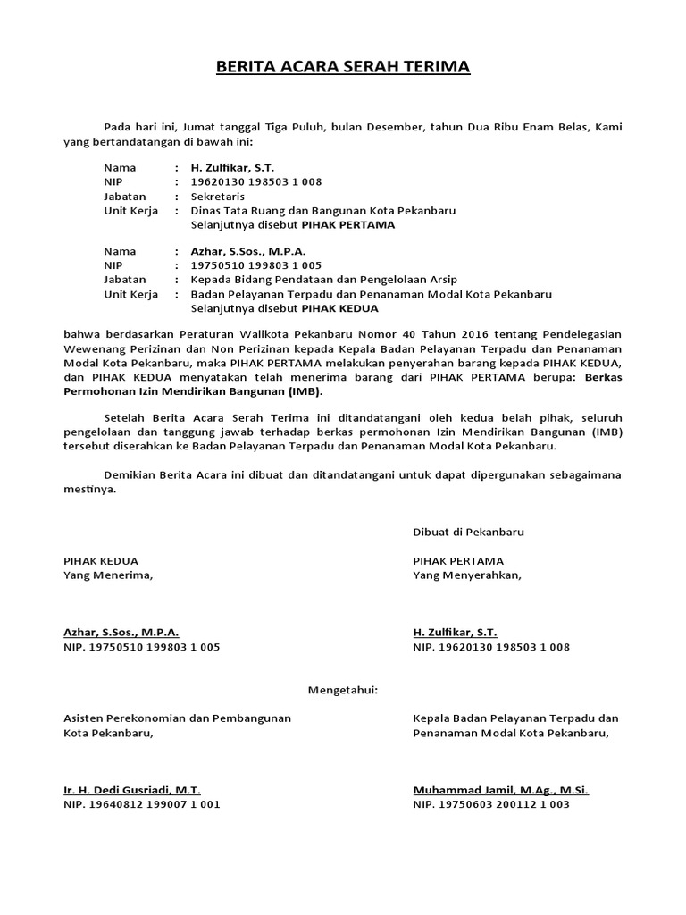 Berita Acara Serah Terima Berkas Imb Dari DTRB | PDF