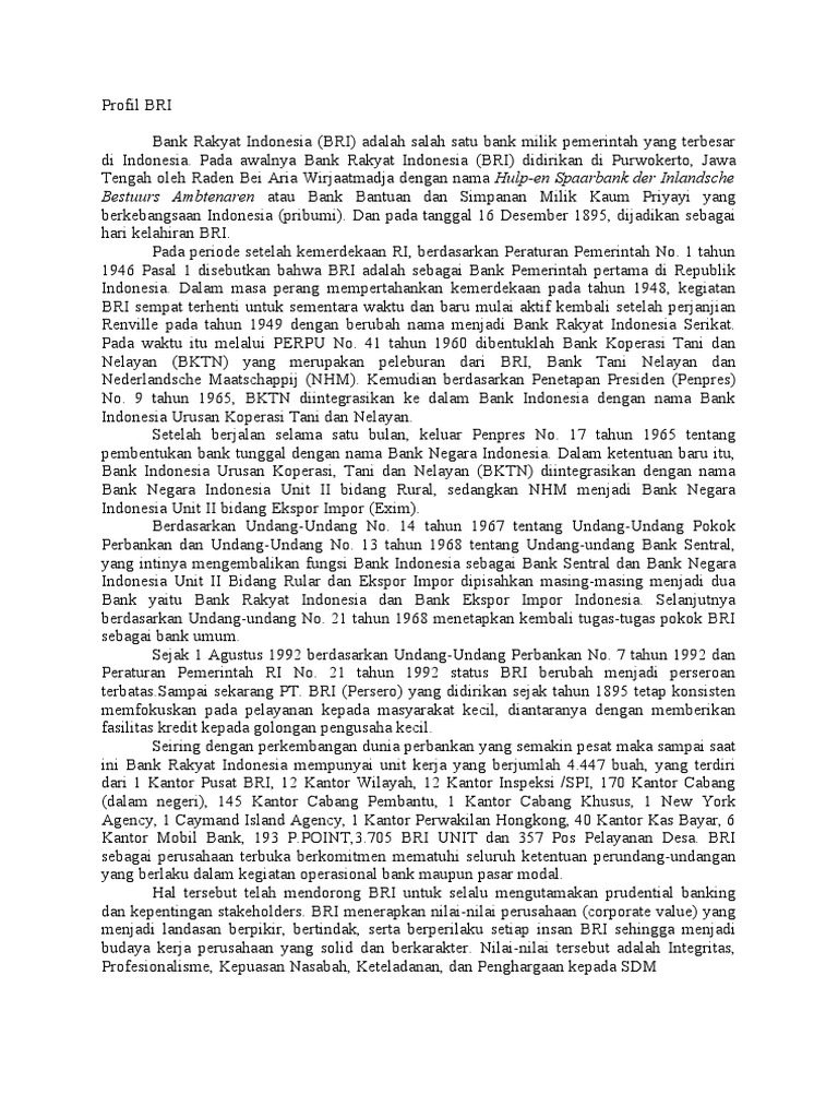 Profil BRI | PDF | Pengelolaan Keuangan & Uang
