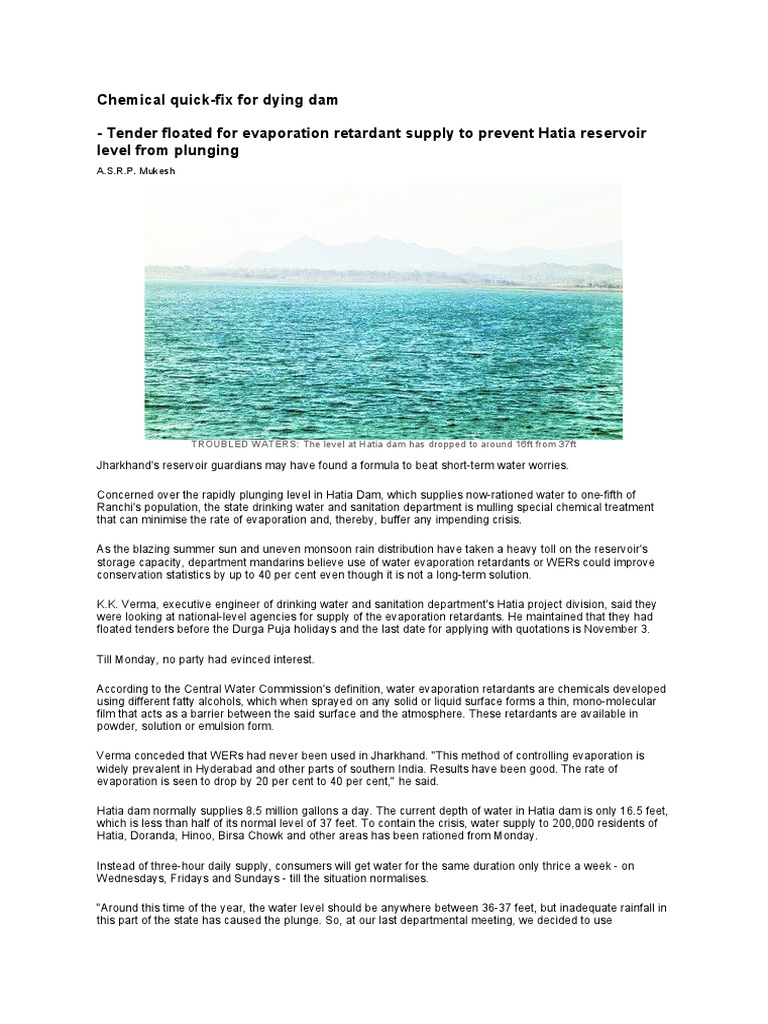 Chemical Quick-Fix For Dying Dam - Tender Floated For Evaporation ...