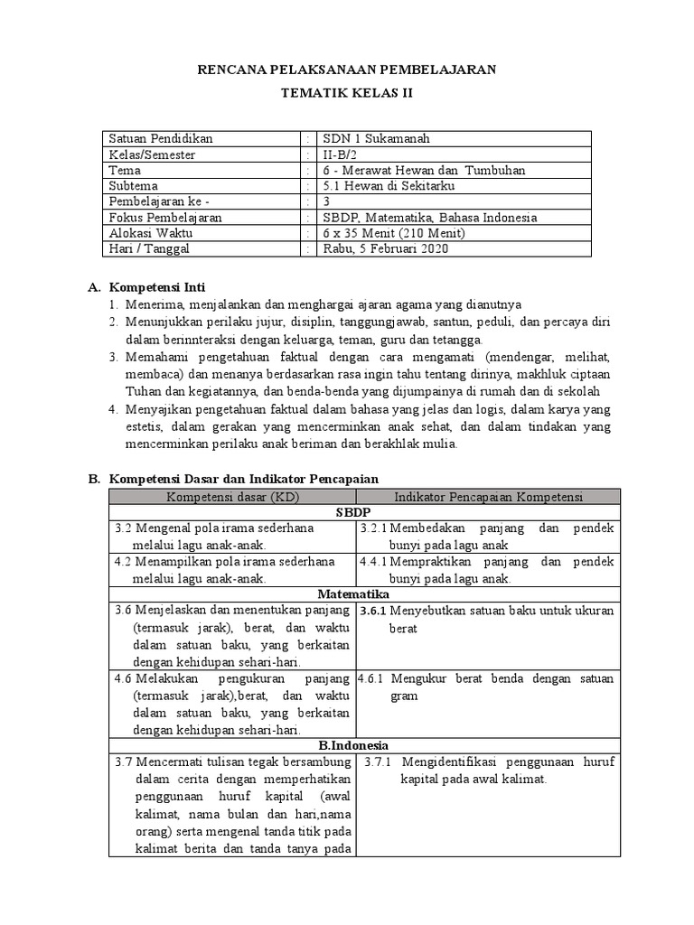 RPP Kelas 2 - T6 ST1 PB3 - Merawat Hewan Dan Tumbuhan | PDF
