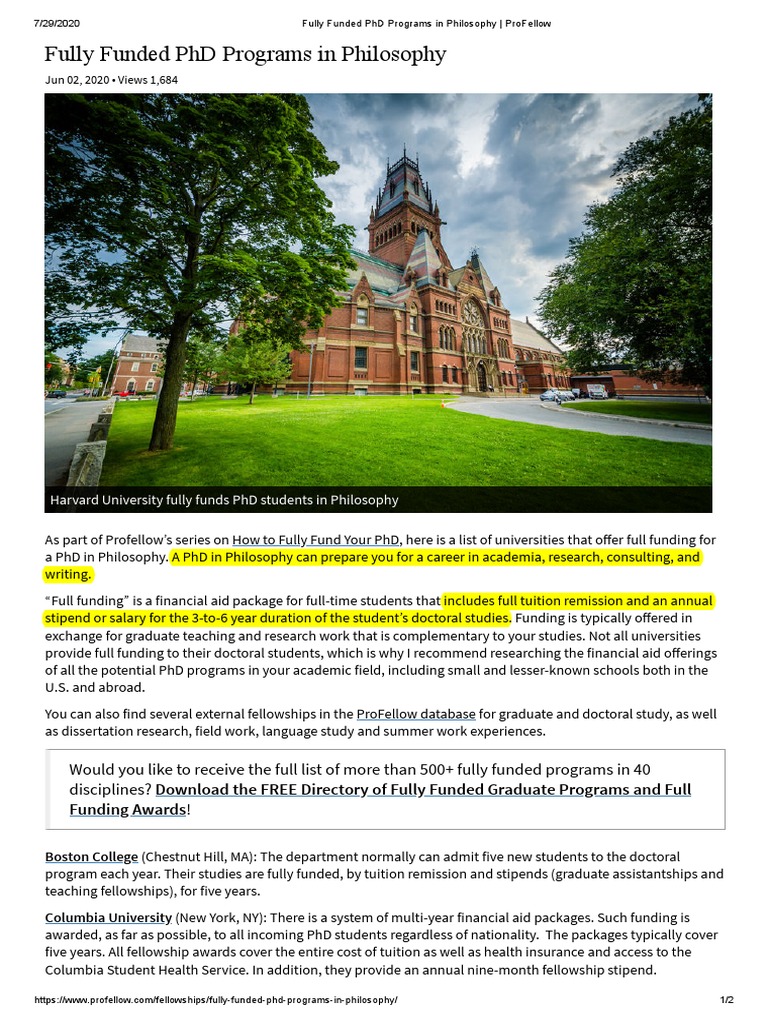 Fully Funded PHD Programs in Philosophy - ProFellow | PDF | Doctor Of ...