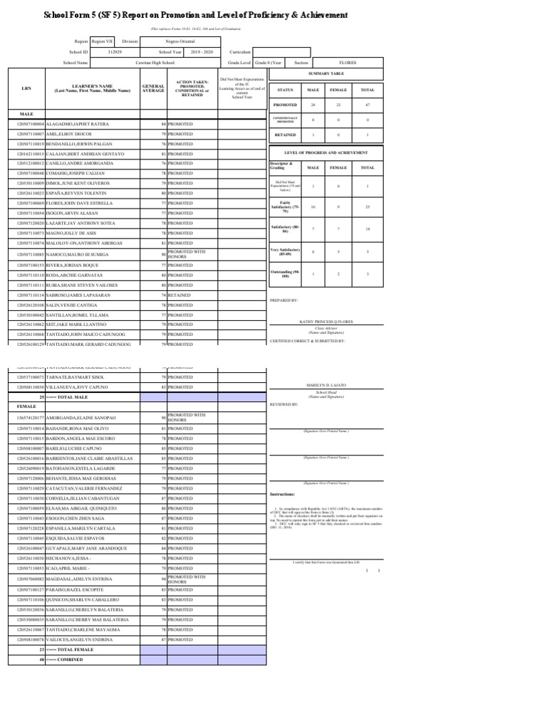 School Form 5 (SF 5) Report On Promotion and Level of Proficiency ...