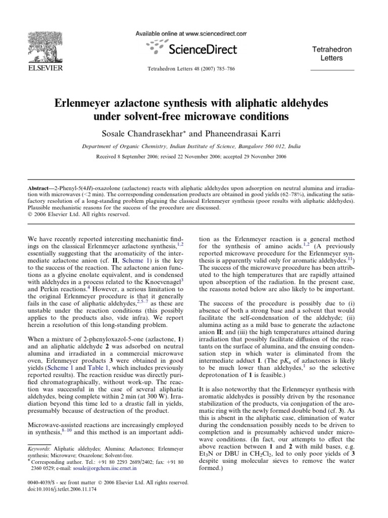 Erlenmeyer Azlactone Synthesis With Aliphatic Aldehydes Under Solvent ...