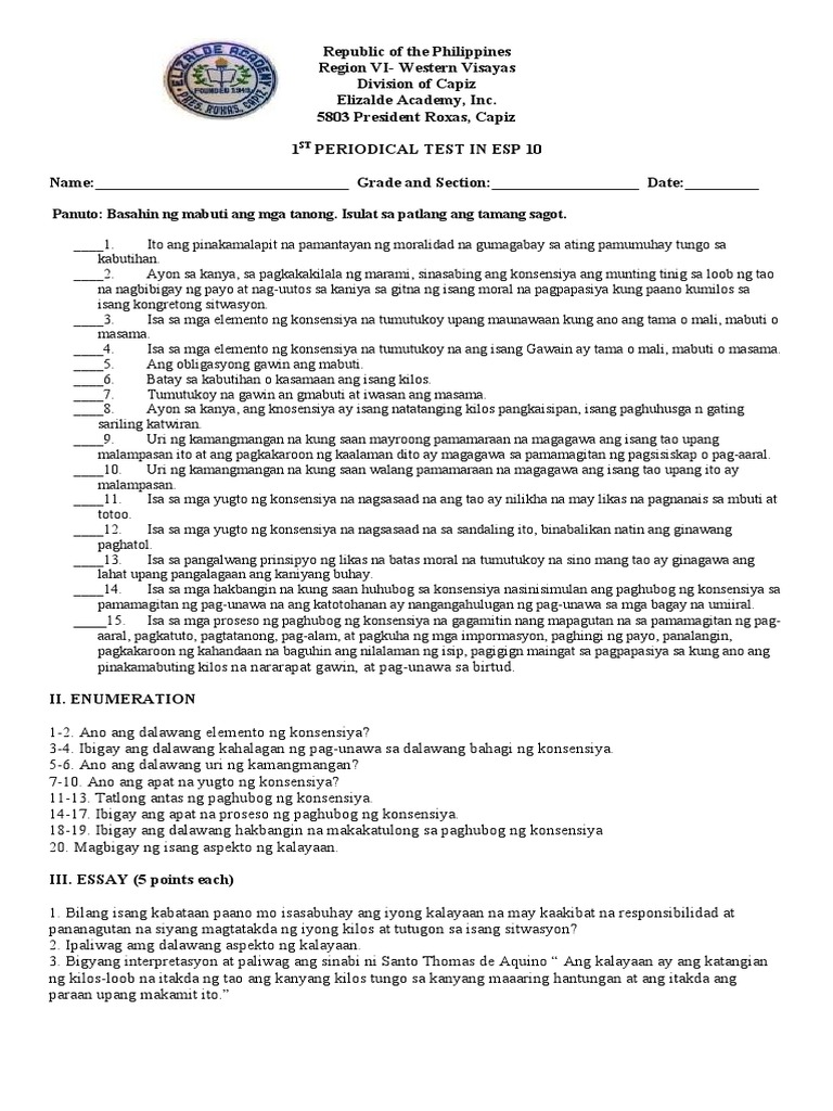 1st Periodical Exam in Esp10 | PDF