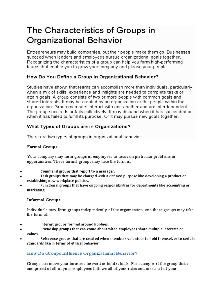 Key Characteristics of Groups in Organizational Behavior: Purpose ...
