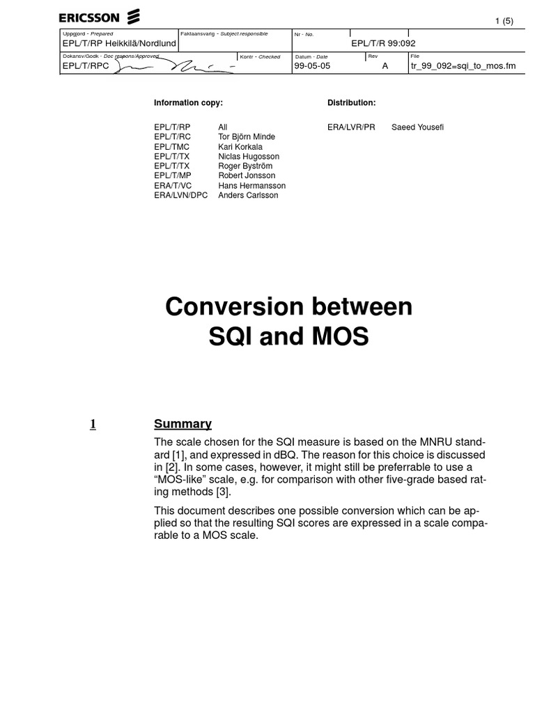 SQI To MOS Conversion Reference Table | PDF