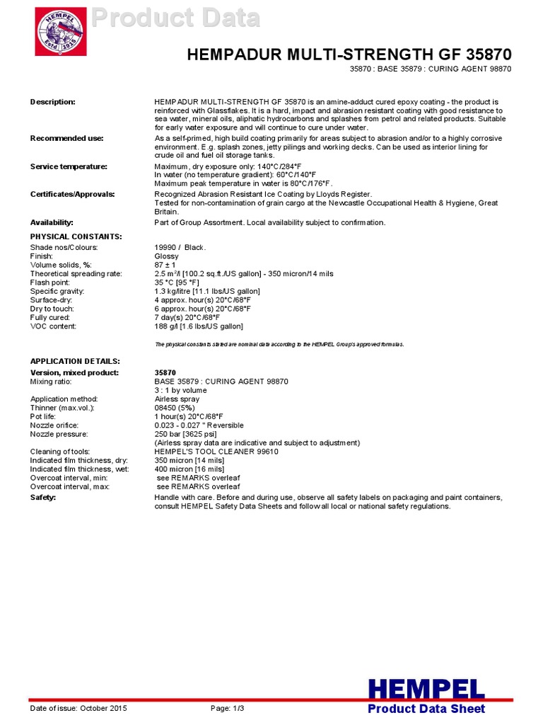 Hempel HEMPADUR GF 35870 Product Data | PDF | Paint | Water