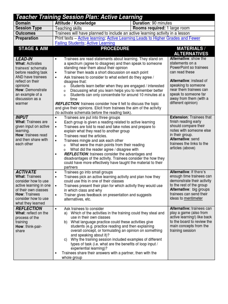 Teacher Training Session Plan: Active Learning: Stage & Aim Procedure ...