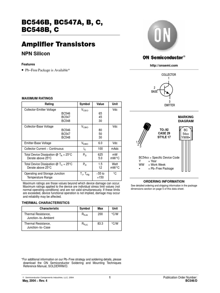 BC546B, BC547A, B, C, BC548B, C Amplifier Transistors: NPN Silicon ...