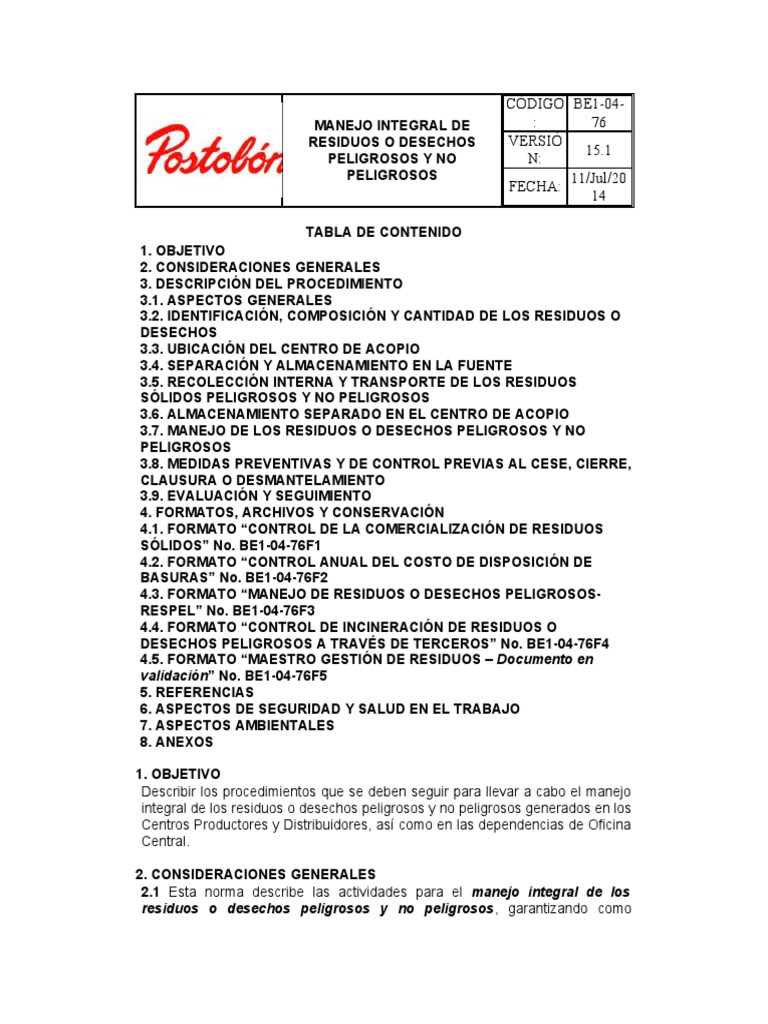 Manejo Integral De Residuos O Desechos Peligrosos Y No Peligrosos