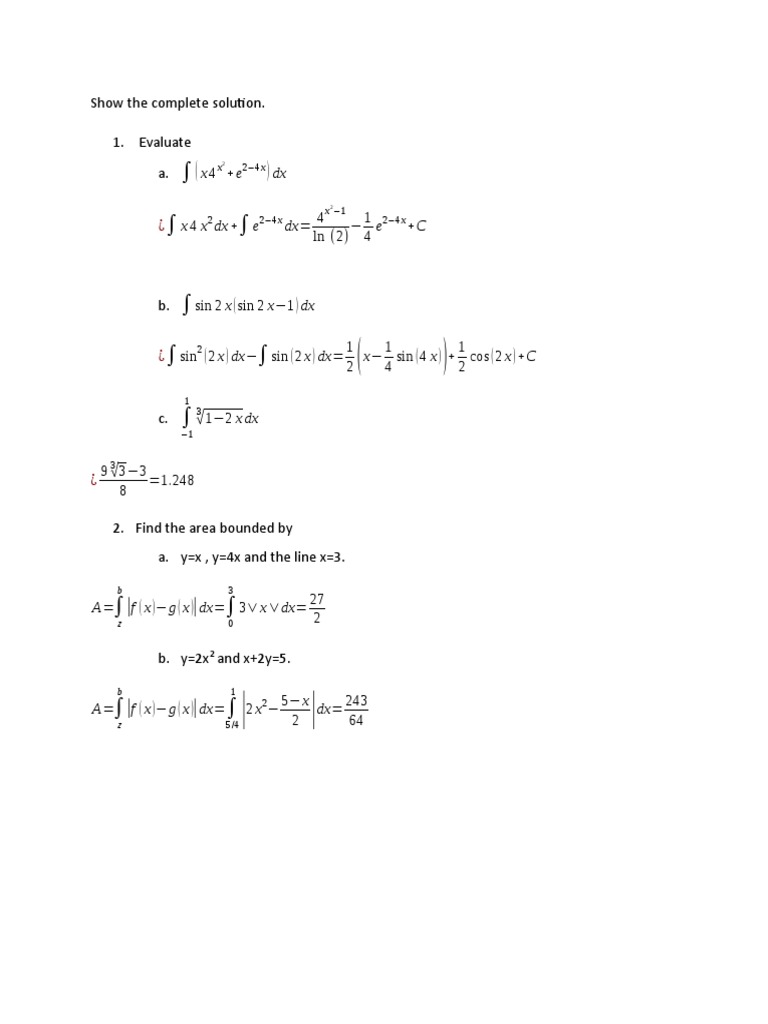 Calculus Integration and Area Solutions | PDF