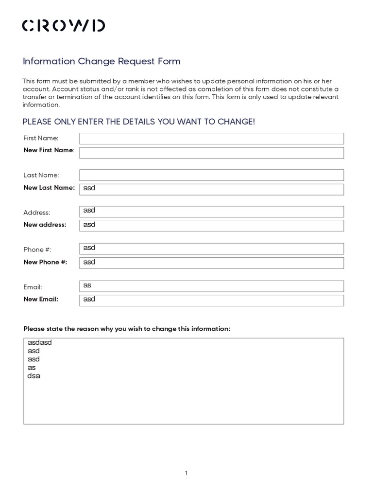 Information Change Request Form: Please Only Enter The Details You Want ...
