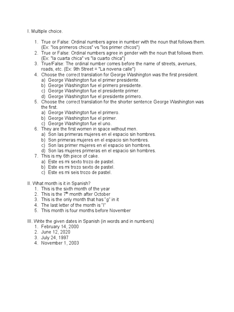 QUIZ #7 - Verbs Plus Infinitive, Ordinal Numbers, Dates and Months ...