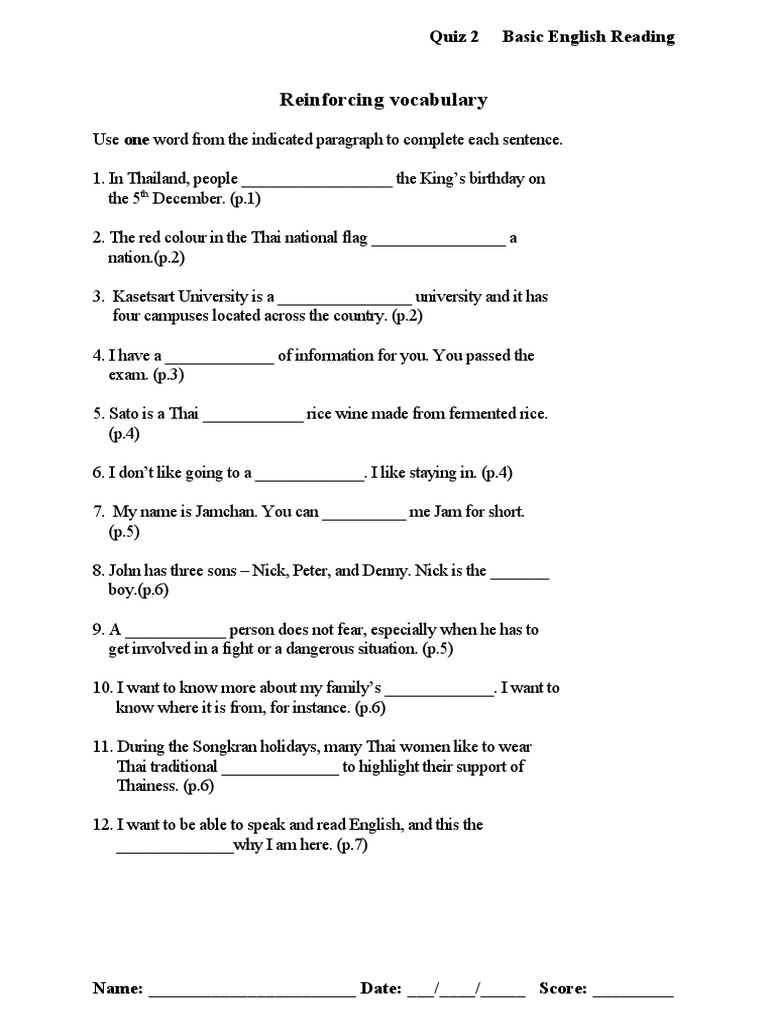 Reinforcing Vocabulary: Quiz 2 Basic English Reading | PDF