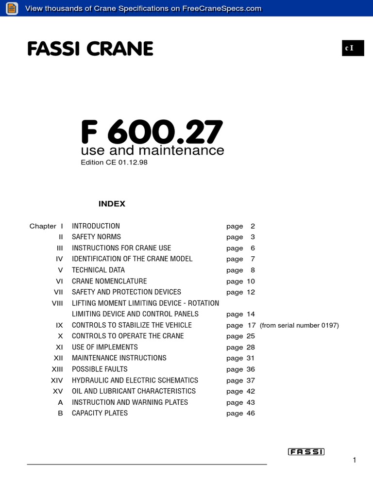Fassi Crane: Use and Maintenance | PDF | Crane (Machine) | Valve