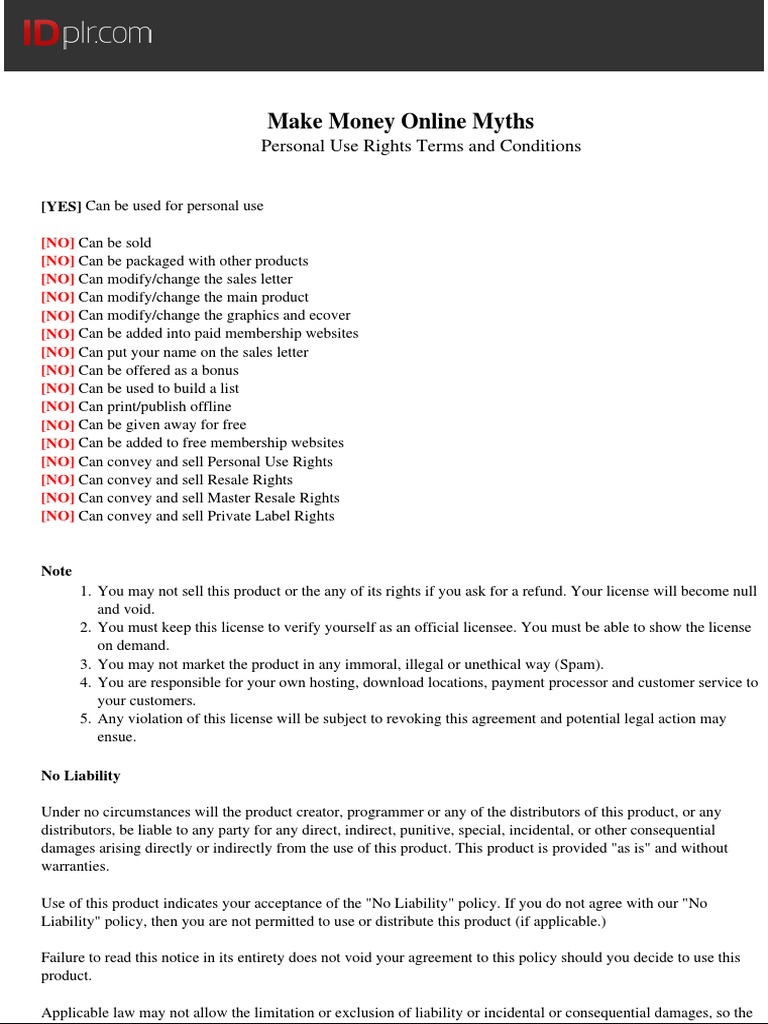 Make Money Online Myths: Personal Use Rights Terms and Conditions | PDF ...