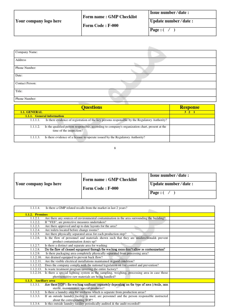 Form Name: GMP Checklist Form Code: F-000 Issue Number Date: Update ...