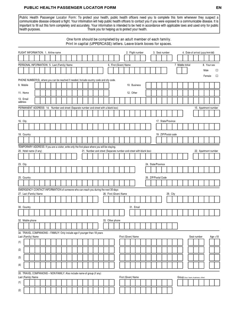 Public Health Passenger Locator Form: To Protect Your Health, Public ...