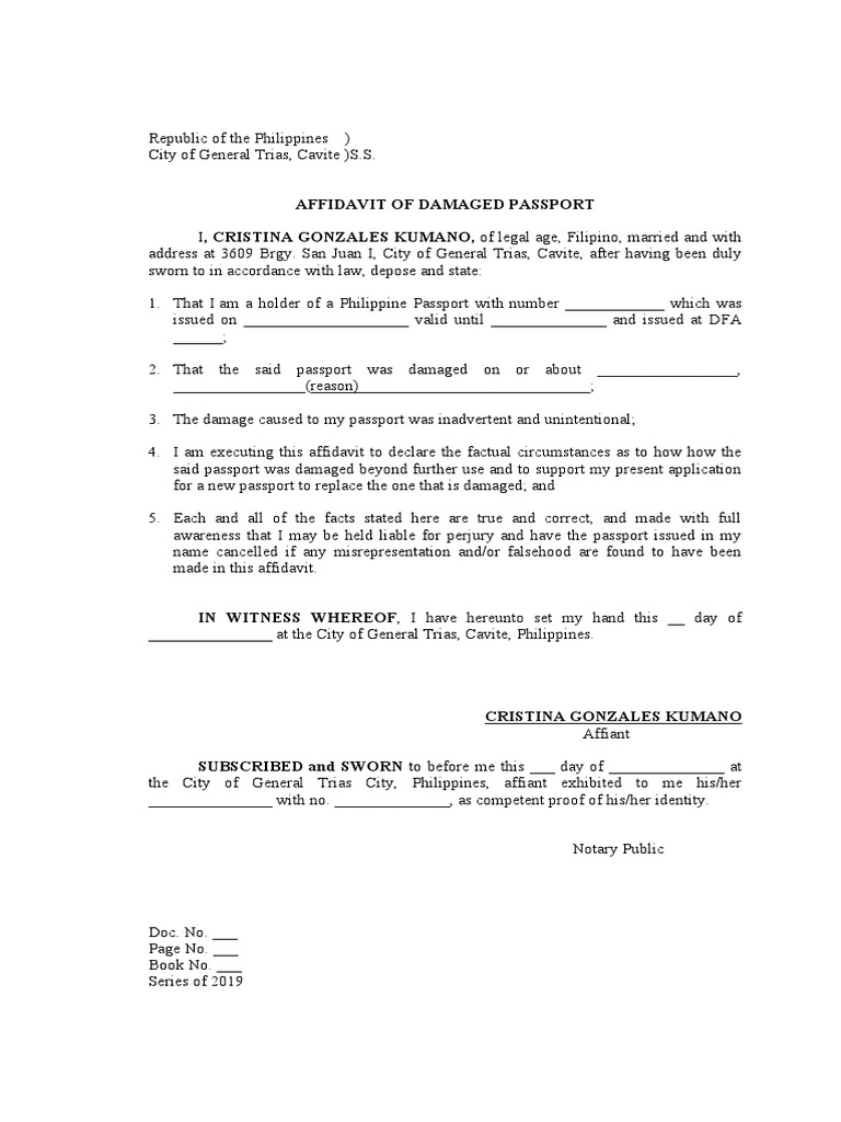 Affidavit of Damaged-Mutilated Passport | PDF