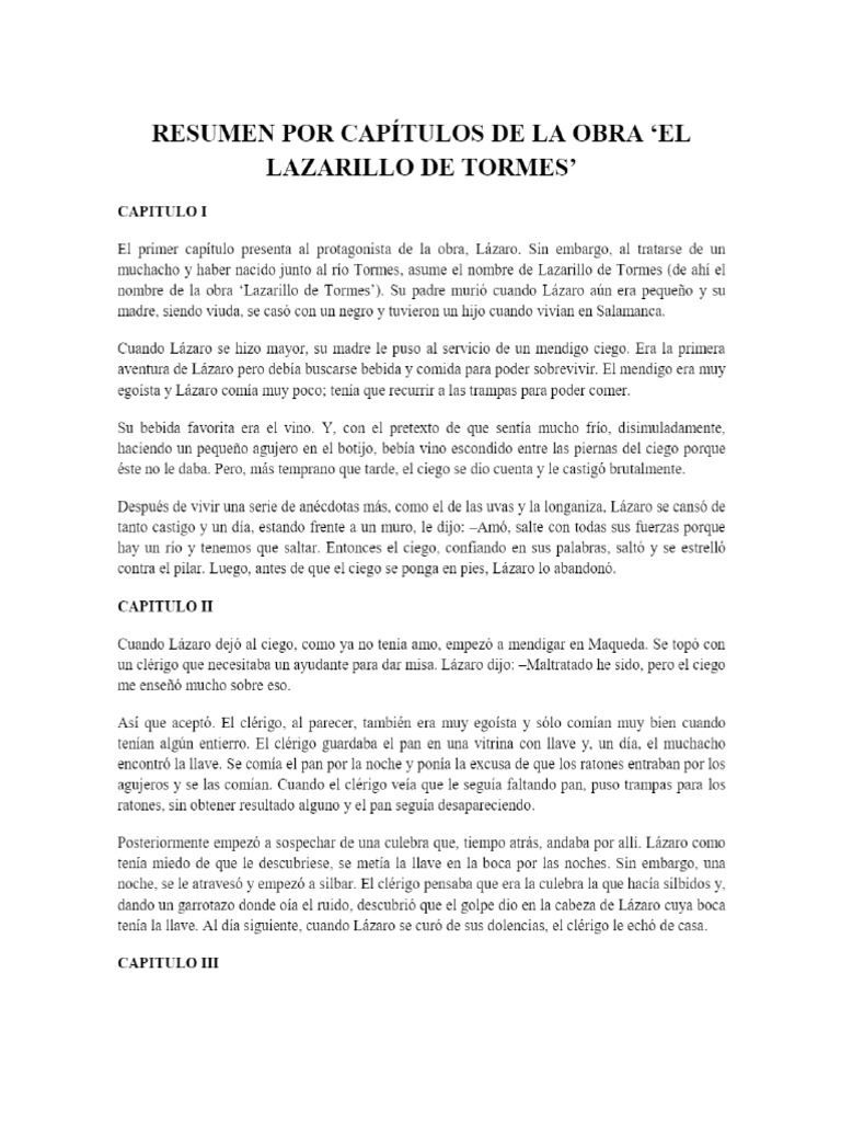 Resumen Por Capítulos de La Obra 'El Lazarillo de Tormes' | PDF
