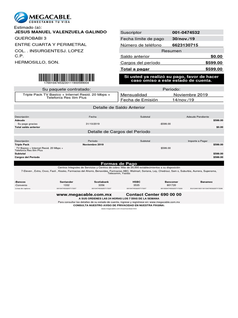 Recibo Nov - Megacable | PDF | Empresas minoristas | Minoristas