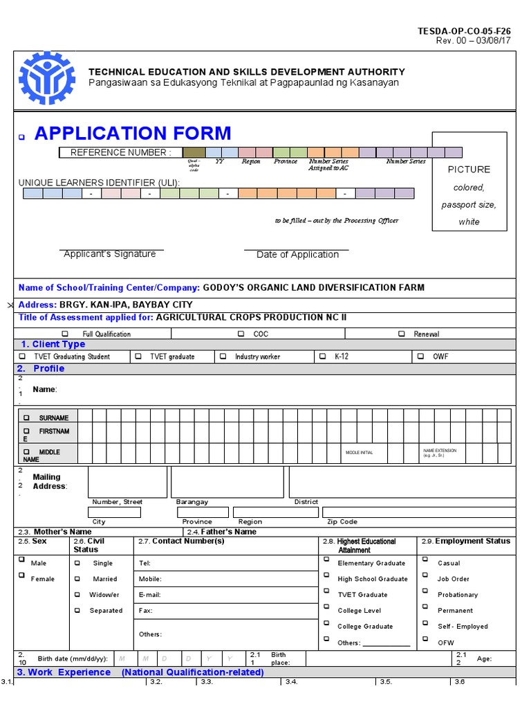 TESDA Application Form | PDF | Vocational Education | Learning