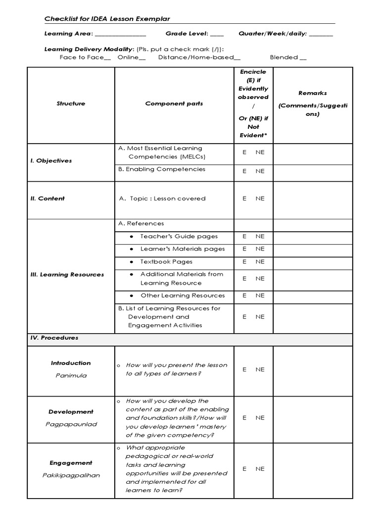 v.4 - Checklist For IDEA Lesson Exemplar | PDF | Change | Learning