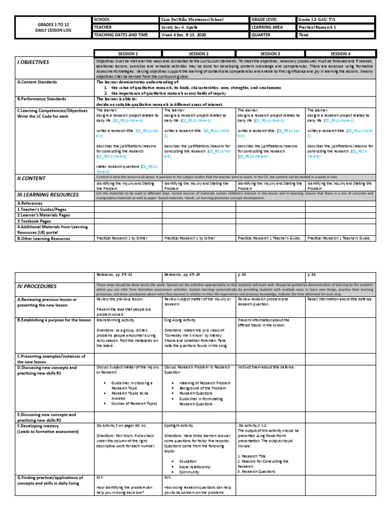 Practical Research 1 Weekly Lesson Plan | PDF | Education Theory | Learning