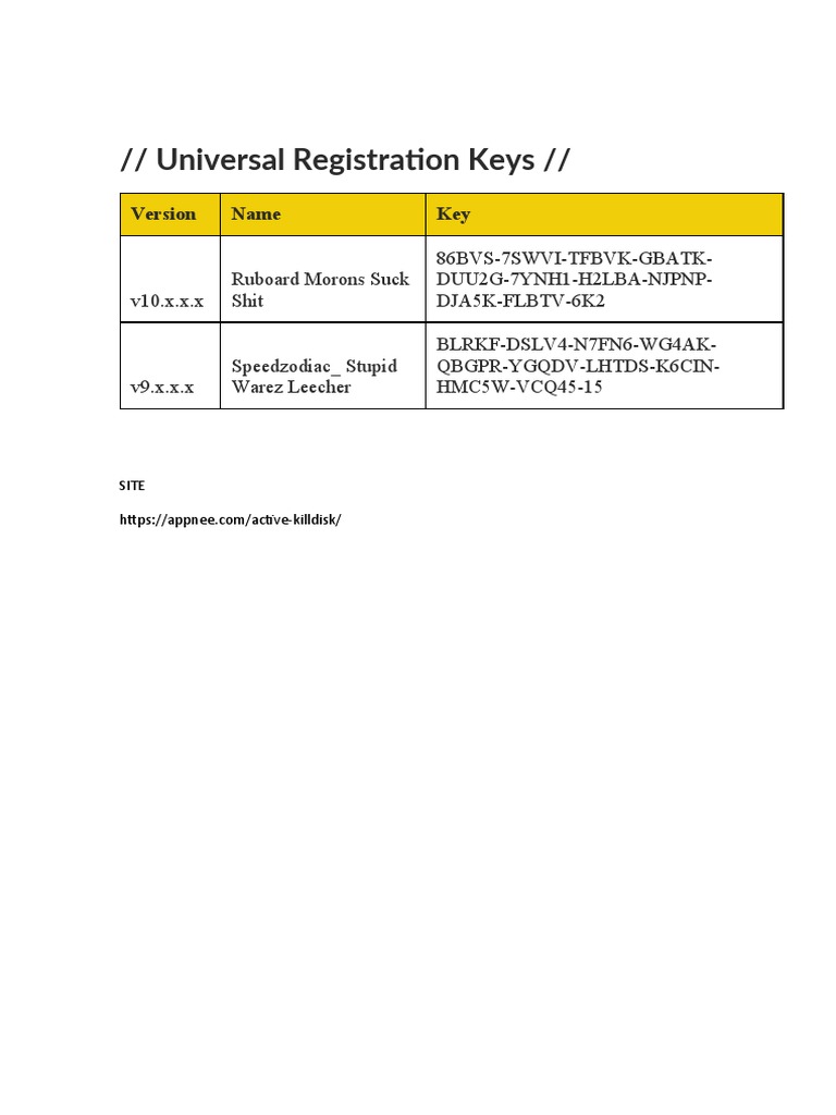 Universal Registration Keys List | PDF