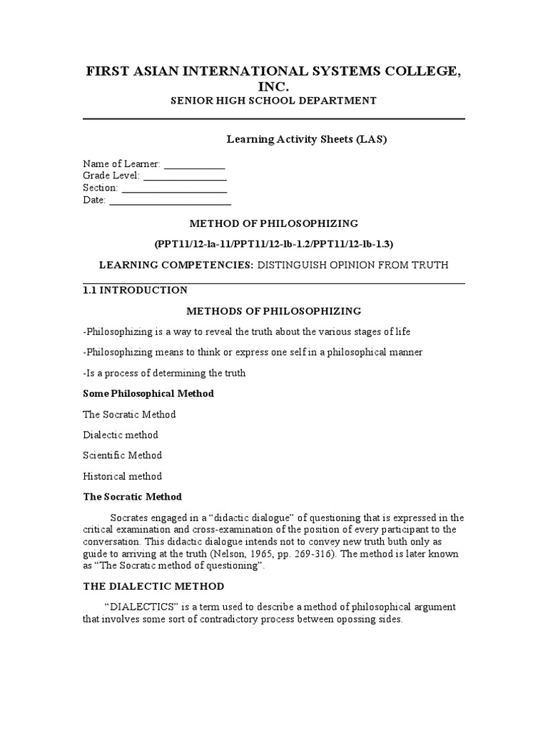 Lesson 2 Module Method of Philosophizing | PDF | Dialectic | Truth