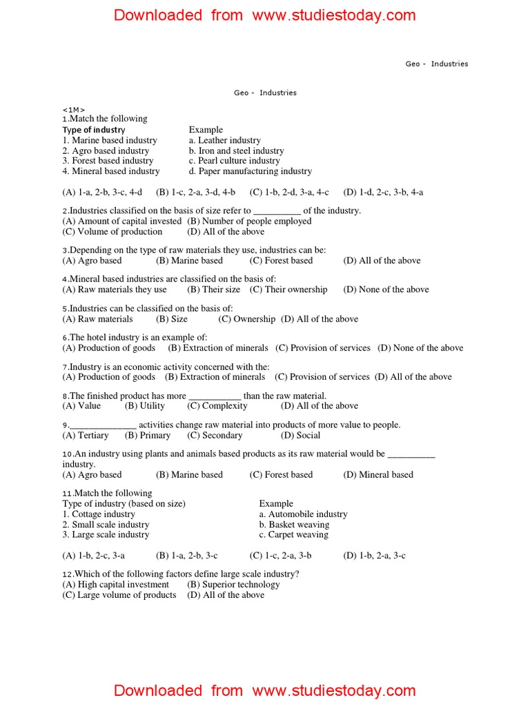 CBSE Class 8 Geography Worksheet - Industries | PDF | Steel | Alloy