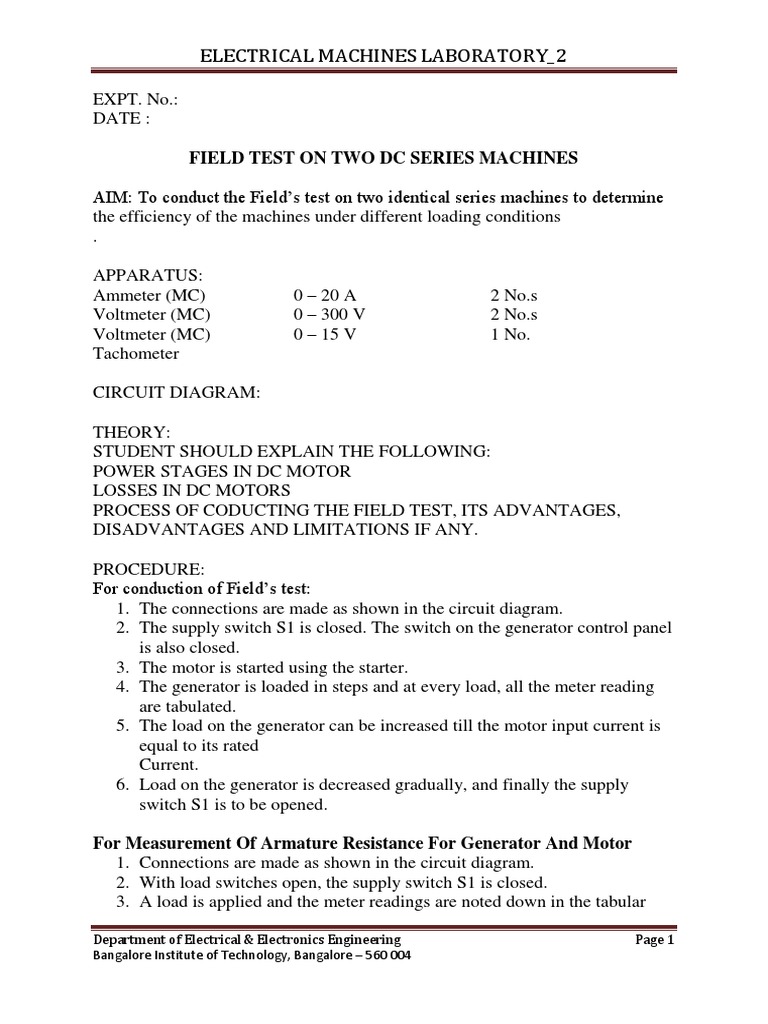 Field Test On DC Series Motor | PDF | Electric Motor | Electric Generator
