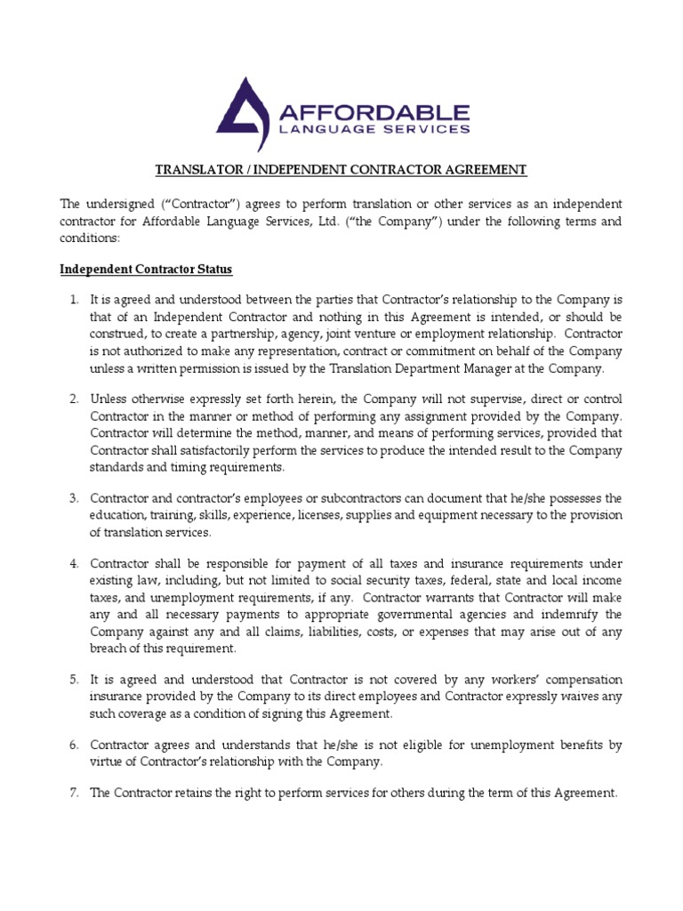 Translator / Independent Contractor Agreement | PDF | Independent ...