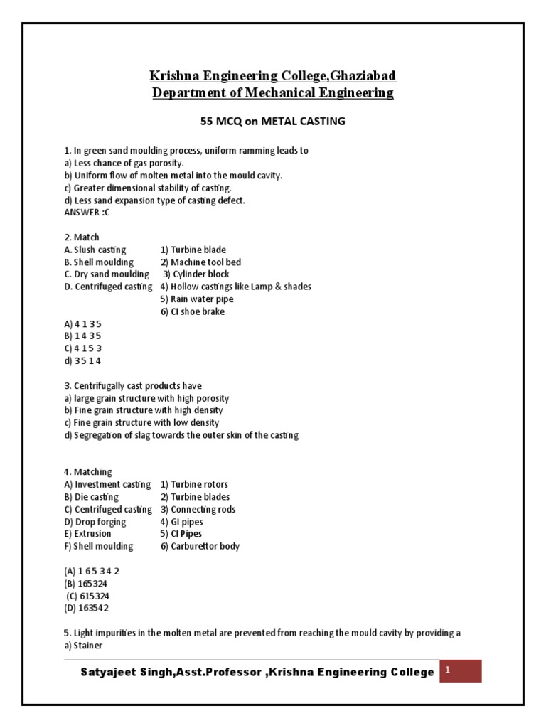 55 MCQ on METAL CASTING | PDF | Casting (Metalworking) | Metalworking