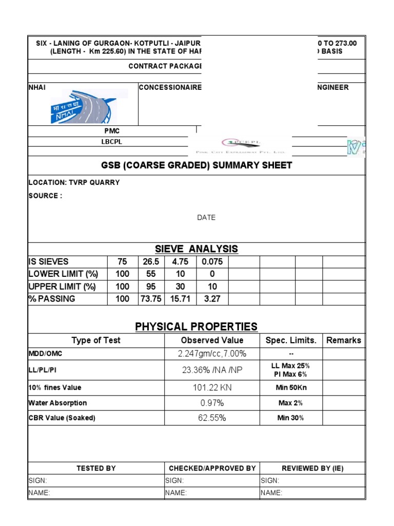 GSB (Coarse Graded) Summary Sheet: Physical Properties | PDF | Soil ...