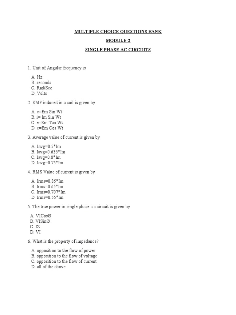 Multiple Choice Questions Bank Module-2 Single Phase Ac Circuits | PDF ...