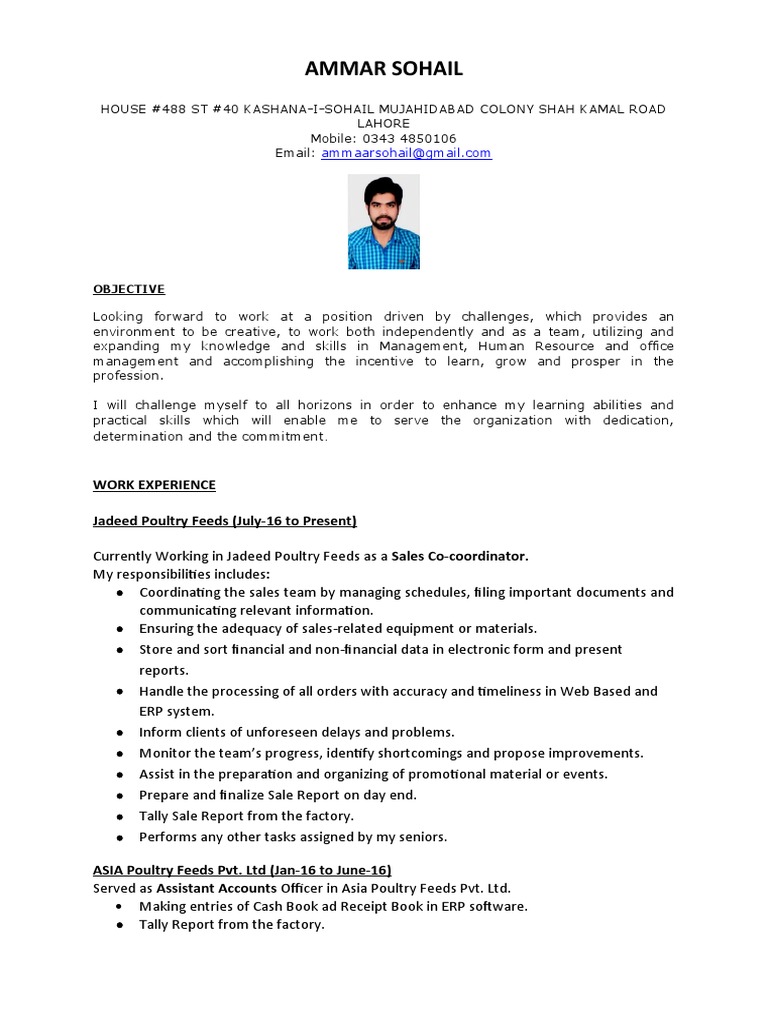 Ammar Sohail: Work Experience Jadeed Poultry Feeds (July-16 To Present ...