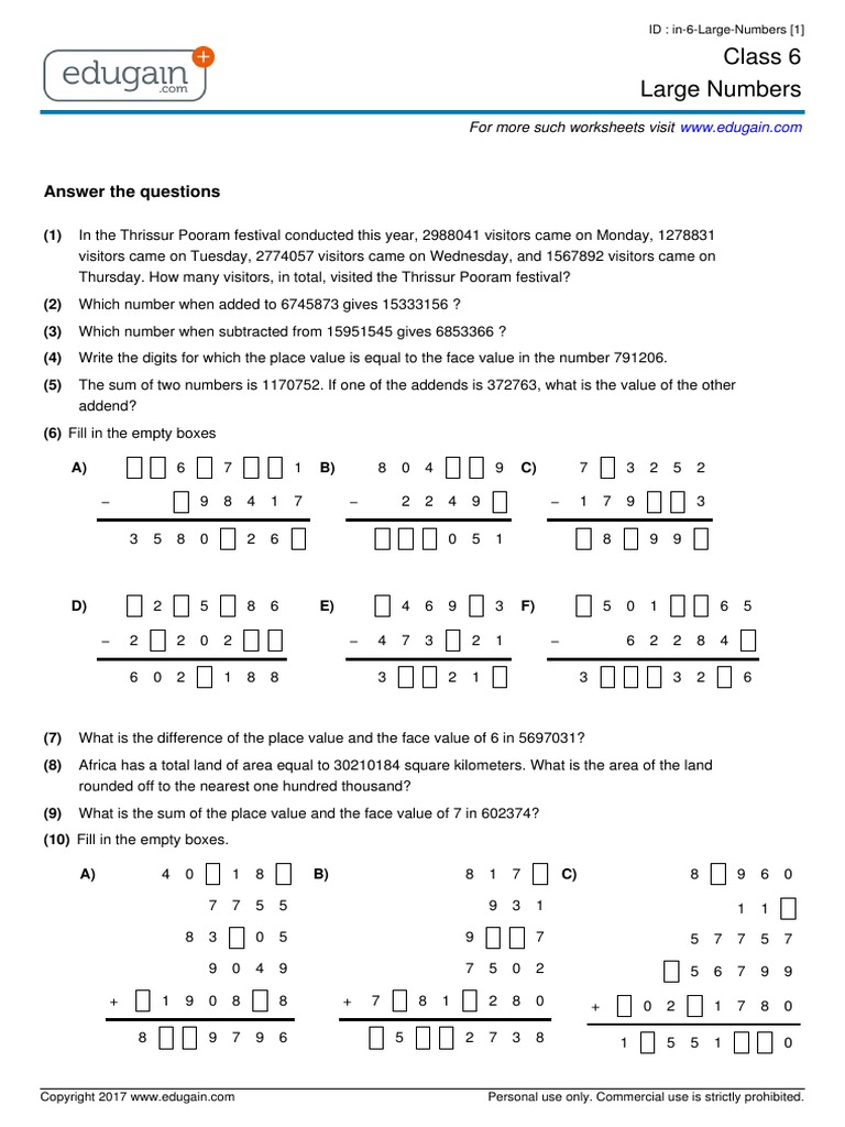 Class 6 Large Numbers: Answer The Questions | PDF | Numbers ...