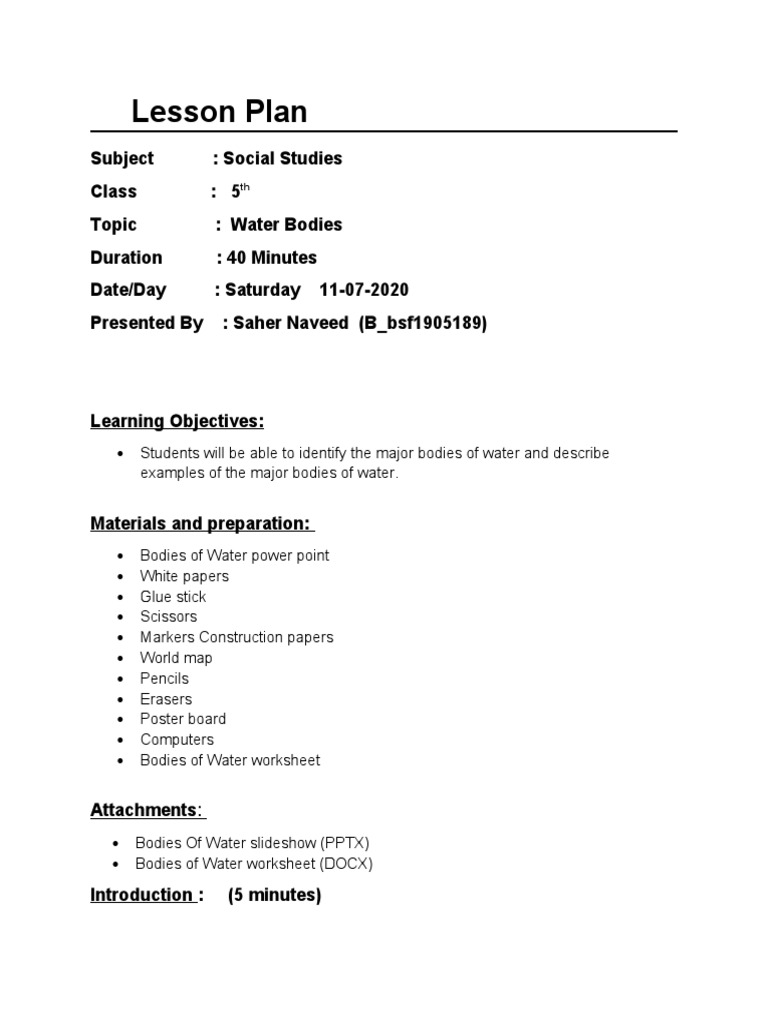 Water Bodies Lesson Plan for Grade 5 | PDF | Lesson Plan | Learning