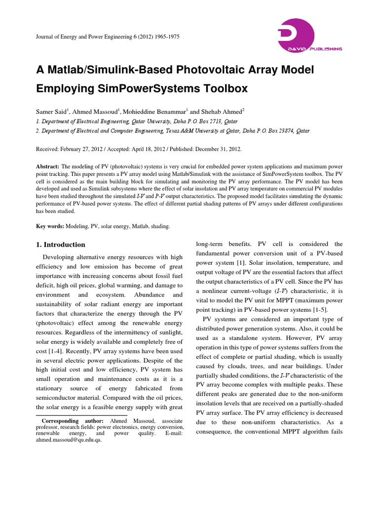 A Matlabsimulink Based Photovoltaic Array Model Employing Simpowersystems Toolbox Pdf
