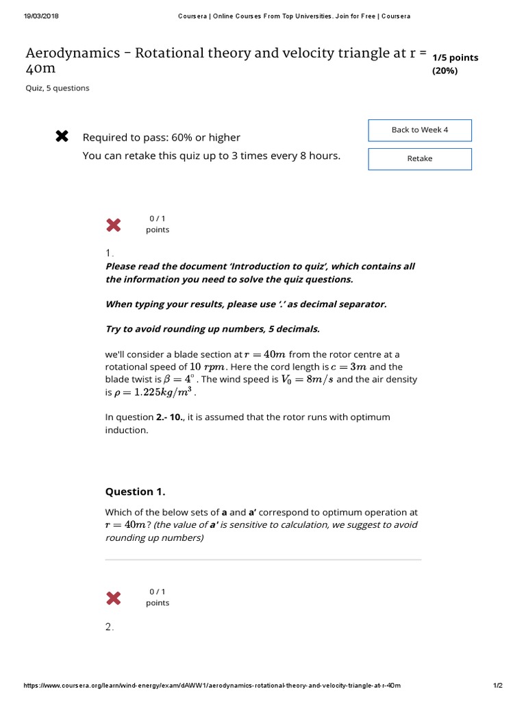 Wind Energy Aerodynamics Quiz | PDF