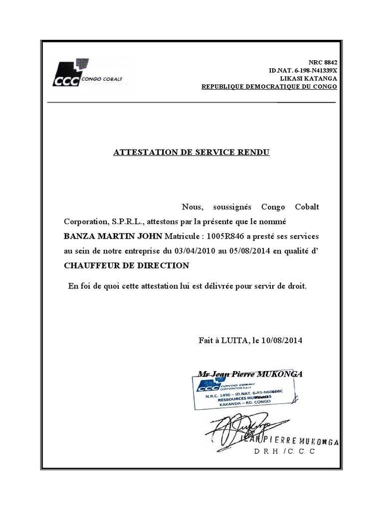 Attestation de Service Rendu - Banza Martin | PDF