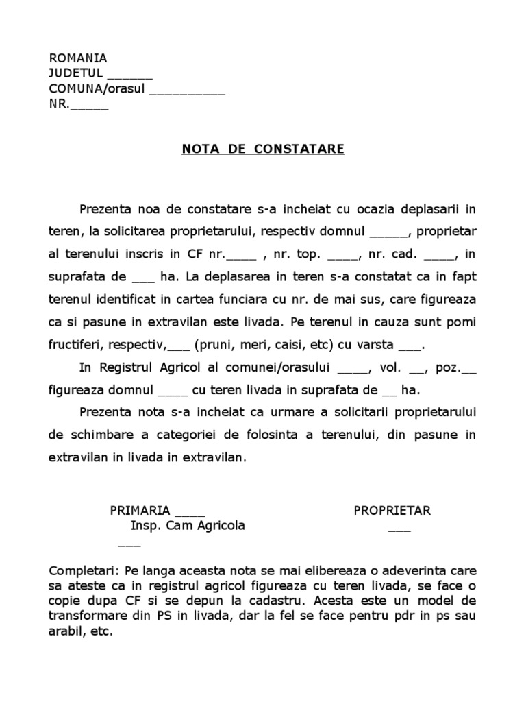 MODEL NOTA CONSTATARE SCHIMBARE CATEG FOLOSINTA