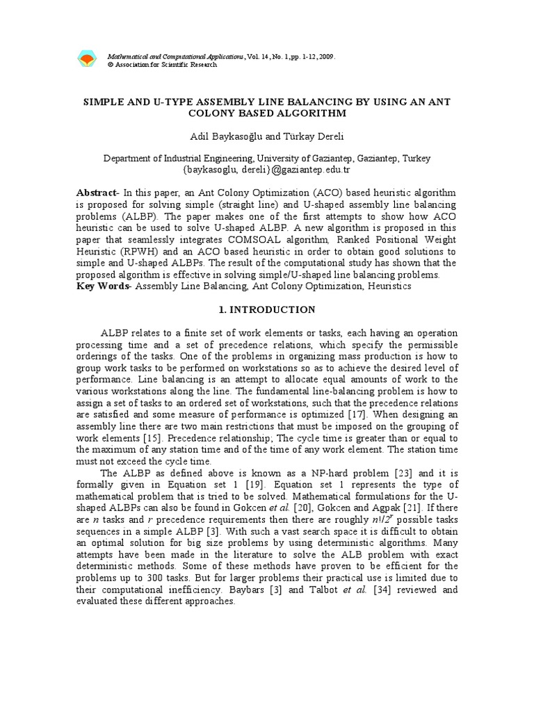 Journal 2009 Dereli Simple And U Type Assembly Line Balancing By Using An Ant Colony Based 