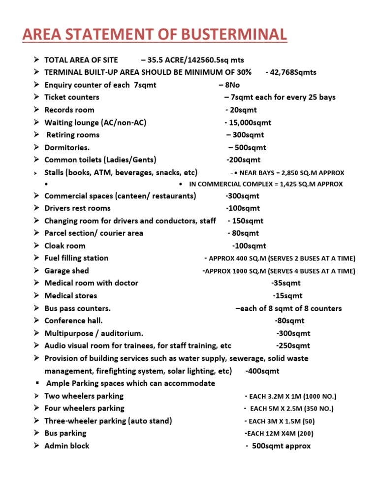 Area Statement OF Busterminal: Stalls (Books, ATM, Beverages, Snacks ...