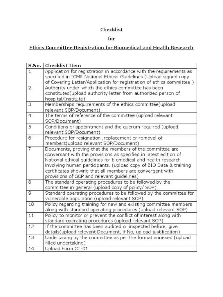Ethics Committee Registration Checklist for Biomedical Research | PDF