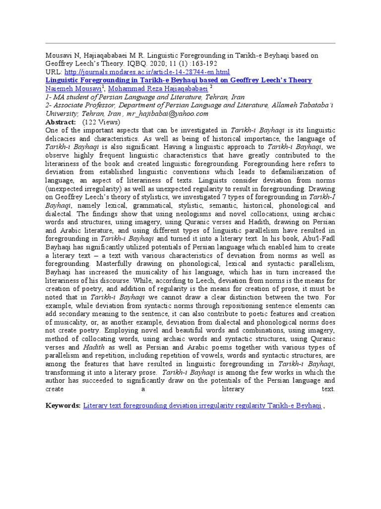 Linguistic Foregrounding in Tarikh-E Beyhaqi Based On Geoffrey Leech's ...