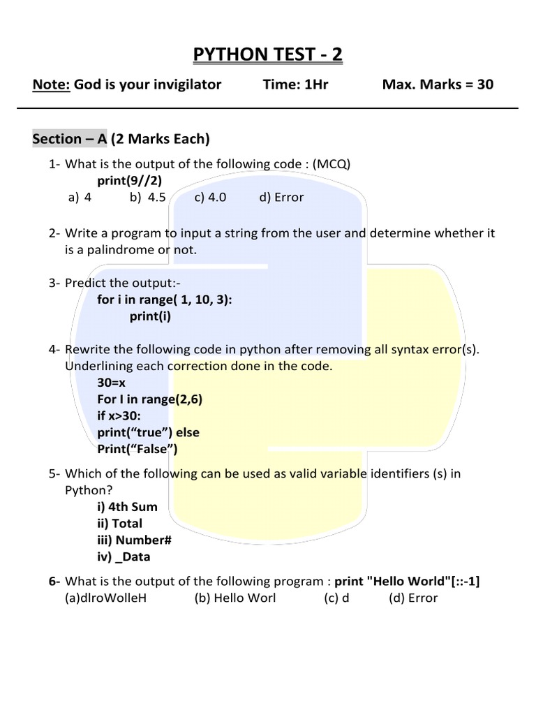 Python Test - 2: Time: 1Hr Max. Marks 30 | PDF