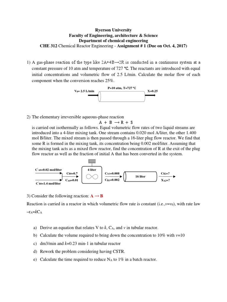 CHE 312 - Assignment 1 - Due On July 16 | PDF | Chemical Reactor ...