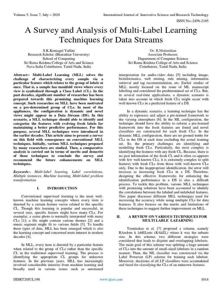 A Survey And Analysis Of Multi Label Learning Techniques For Data Streams Pdf Machine